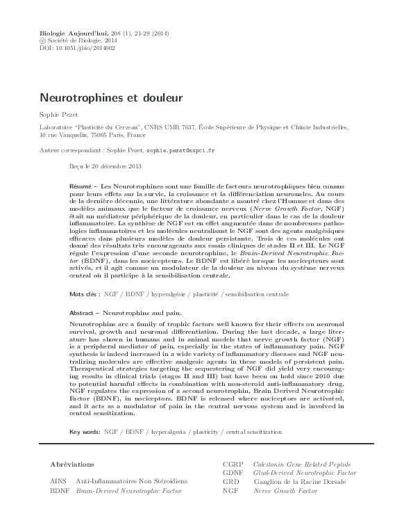 (PDF) Neurotrophines et douleur