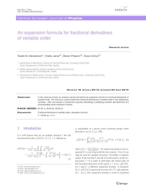 (PDF) An expansion formula for fractional derivatives of variable order