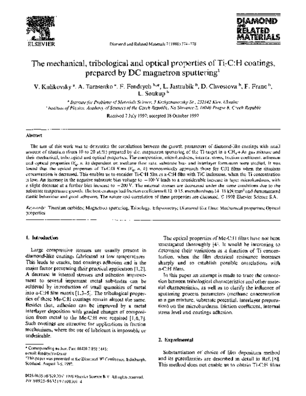 (PDF) The mechanical, tribological and optical properties of Ti-C:H coatings, prepared by DC ...