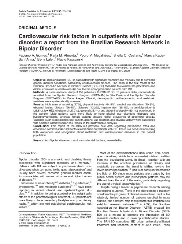 (PDF) Cardiovascular risk factors in outpatients with bipolar disorder ...