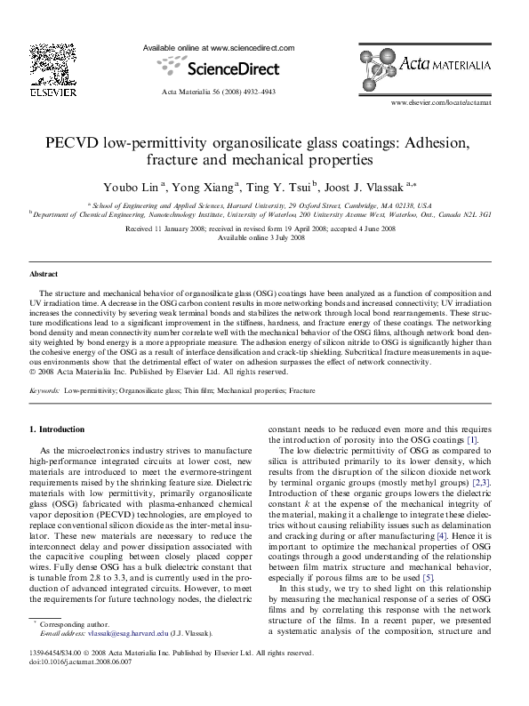 (PDF) PECVD low-permittivity organosilicate glass coatings: Adhesion ...