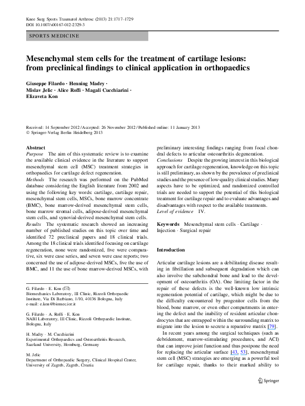 Pdf Mesenchymal Stem Cells For The Treatment Of Cartilage Lesions