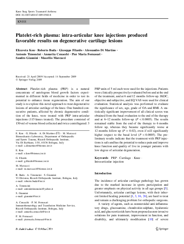 (PDF) Platelet-rich plasma intra-articular knee injections for the ...
