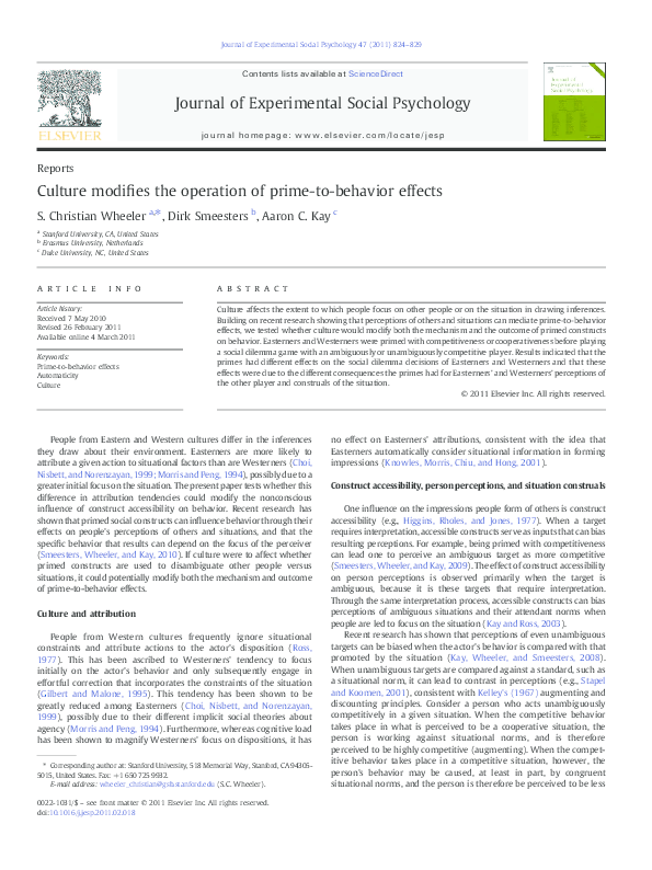 (PDF) Culture modifies the operation of prime-to-behavior effects