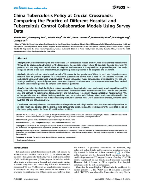 (PDF) China Tuberculosis Policy at Crucial Crossroads: Comparing the ...