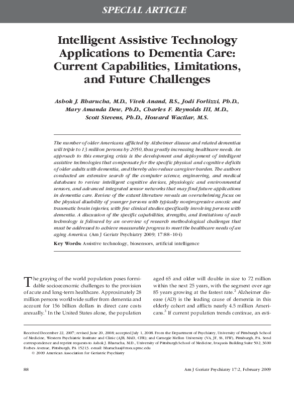 (PDF) Intelligent assistive technology applications to dementia care ...