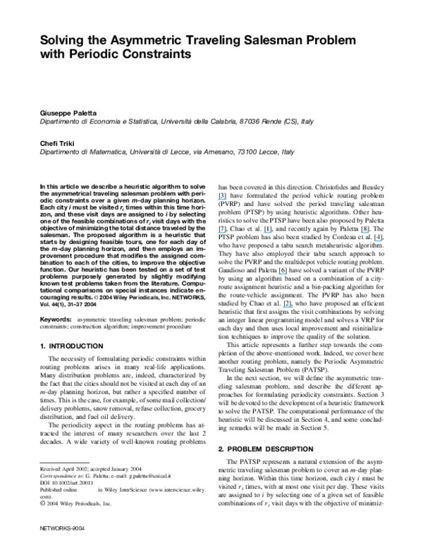 Pdf Solving The Asymmetric Traveling Salesman Problem With Periodic Constraints Giuseppe 