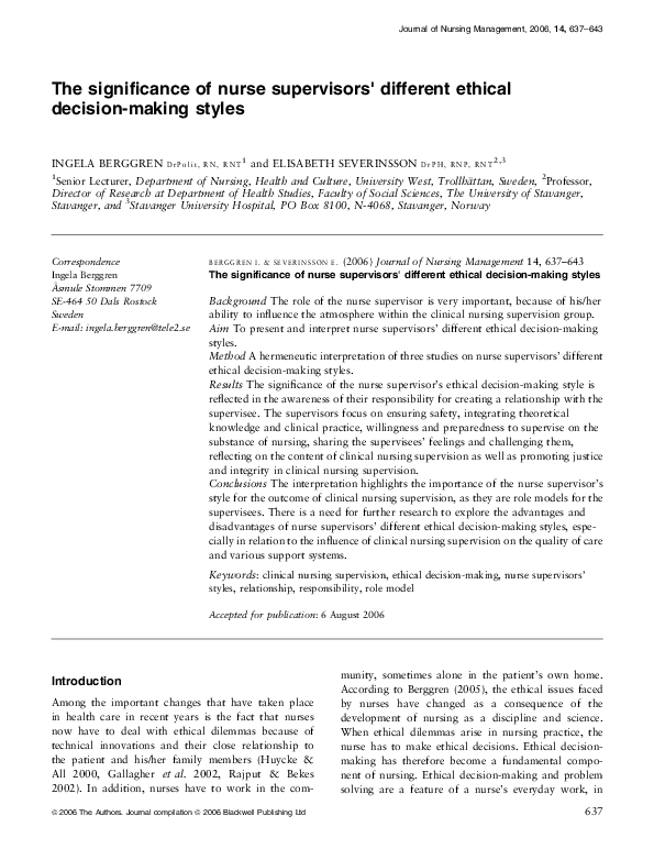 (PDF) The significance of nurse supervisors' different ethical decision ...
