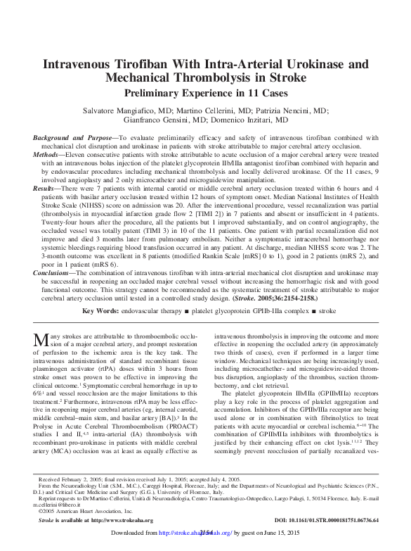 (PDF) Intravenous Tirofiban With Intra-Arterial Urokinase and Mechanical Thrombolysis in Stroke ...