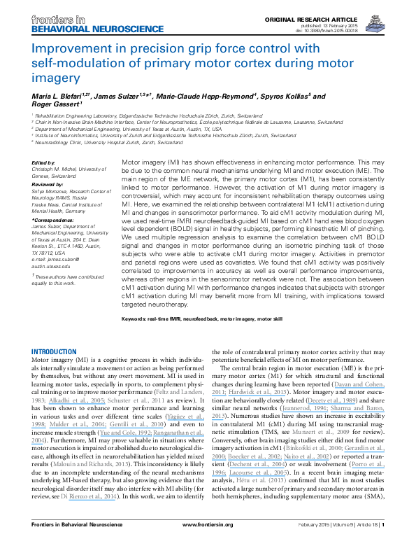 Pdf Improvement In Precision Grip Force Control With Self Modulation Of Primary Motor Cortex