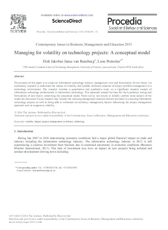 (PDF) Managing for Volatility on Technology Projects: A Conceptual Model