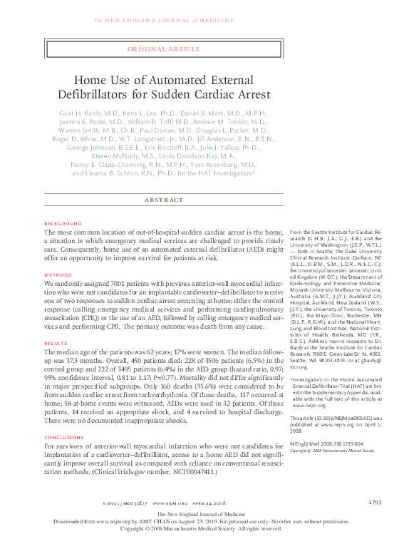 (PDF) Home Use of Automated External Defibrillators for Sudden Cardiac Arrest