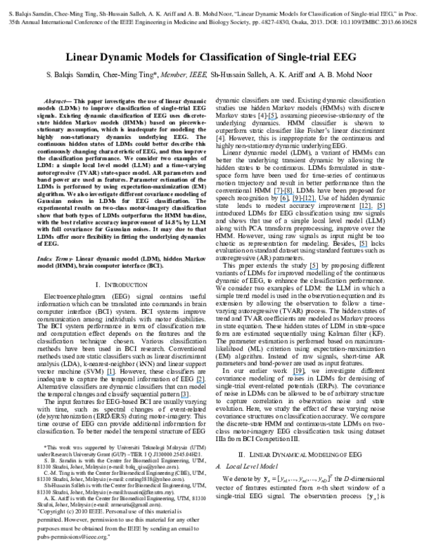 Pdf Linear Dynamic Models For Classification Of Single Trial Eeg