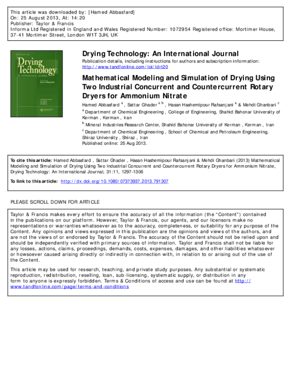 (PDF) Mathematical Modeling and Simulation of Drying Using Two Industrial Concurrent and ...