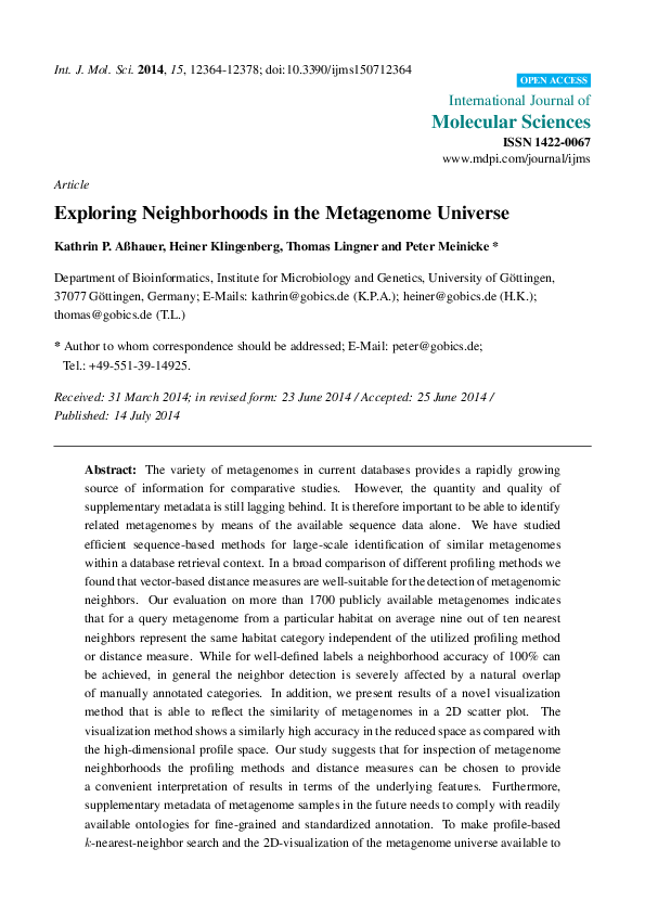 (PDF) Exploring neighborhoods in the metagenome universe