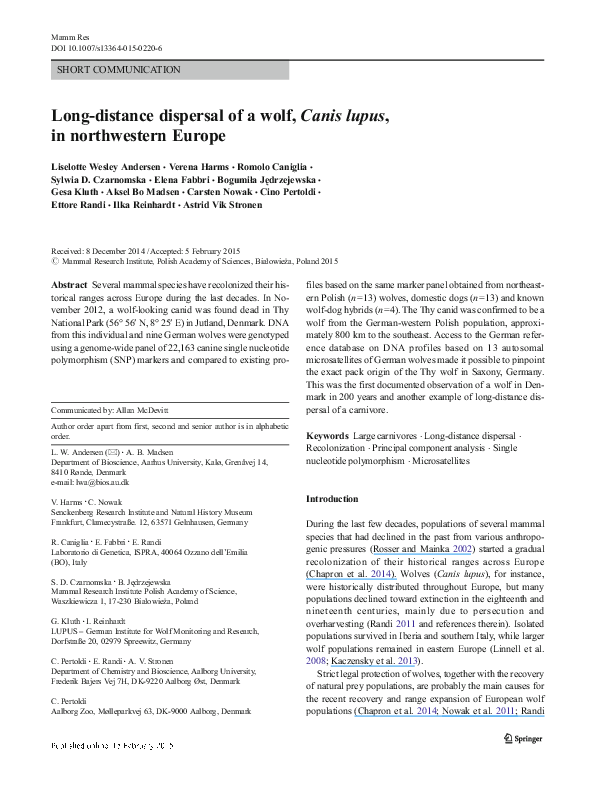 (PDF) Long-distance dispersal of a wolf, Canis lupus, in northwestern ...