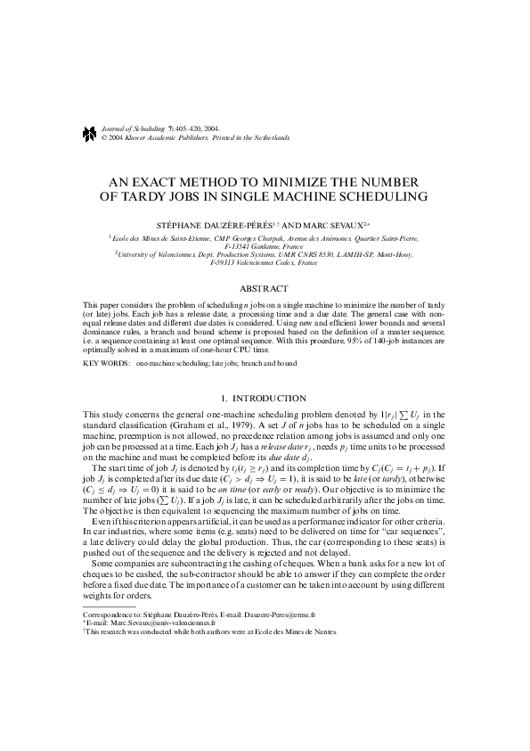 (PDF) An Exact Method to Minimize the Number of Tardy Jobs in Single Machine Scheduling