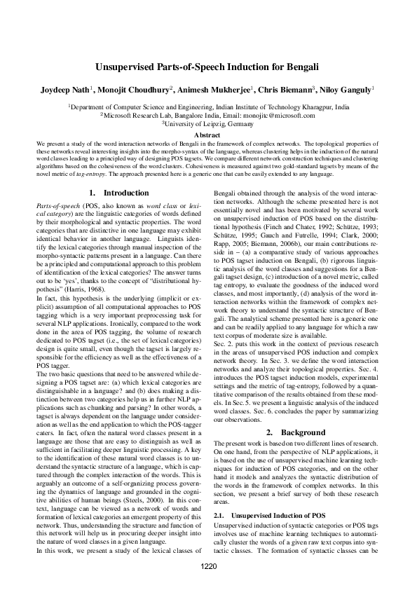 (PDF) Unsupervised parts-of-speech induction for Bengali
