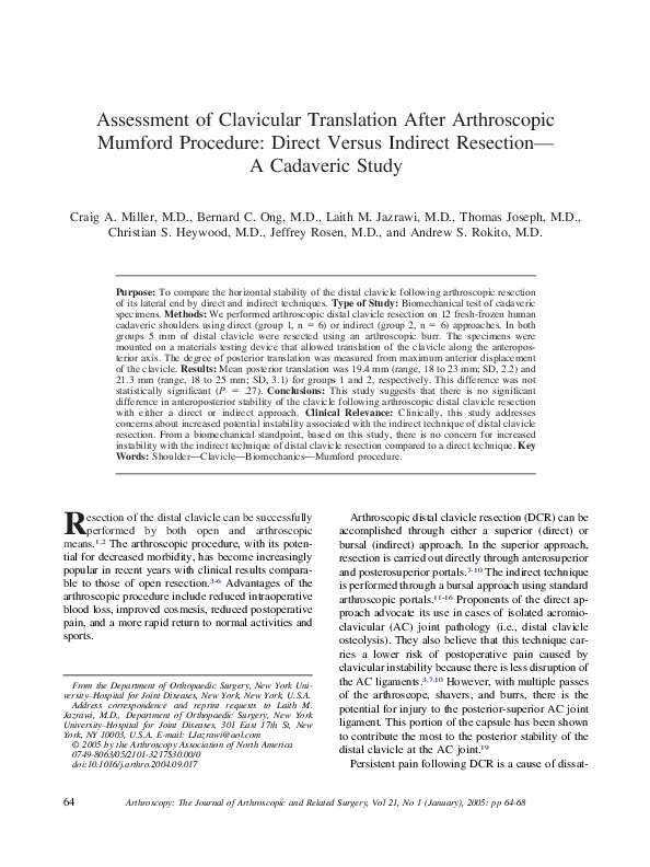 (PDF) Assessment of clavicular translation after arthroscopic Mumford ...