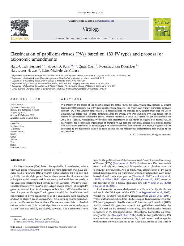 (PDF) Classification of papillomaviruses (PVs) based on 189 PV types ...