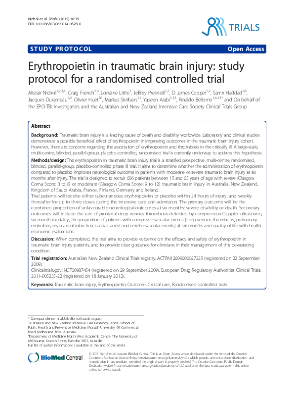 (PDF) Erythropoietin in traumatic brain injury: study protocol for a ...