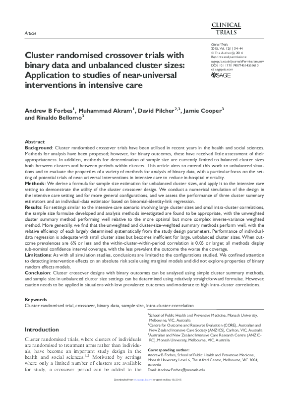 Pdf Cluster Randomised Crossover Trials With Binary Data And Unbalanced Cluster Sizes