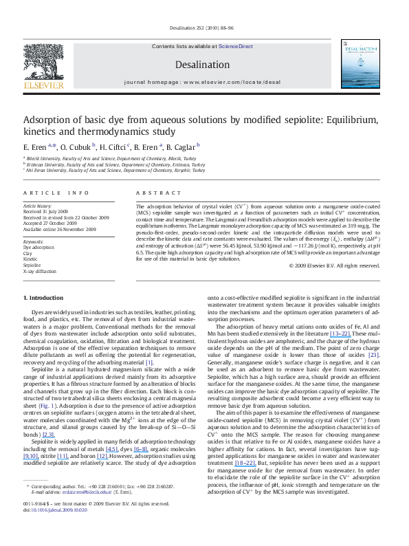 (PDF) Adsorption of basic dye from aqueous solutions by modified sepiolite: Equilibrium ...