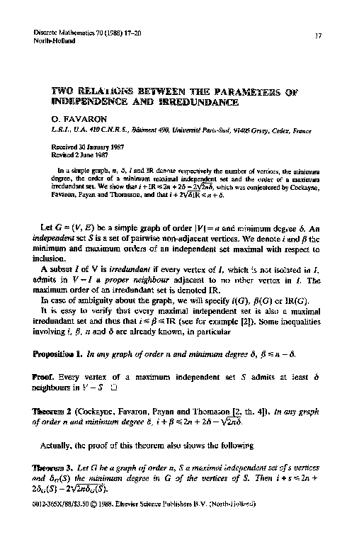 (PDF) Two relations between the parameters of independence and irredundance