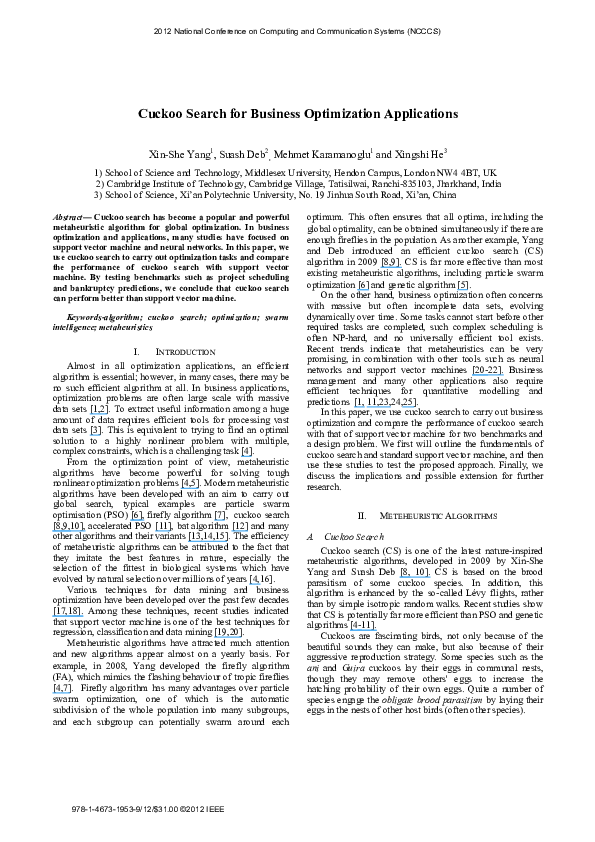 (PDF) Cuckoo search for business optimization applications
