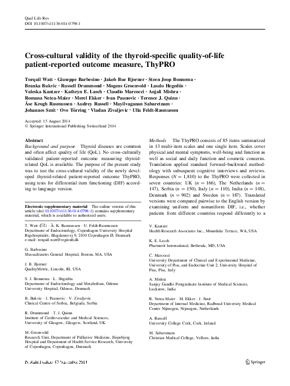 (PDF) Cross-cultural validity of the thyroid-specific quality-of-life ...