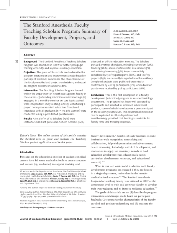 (PDF) The stanford anesthesia faculty teaching scholars program ...