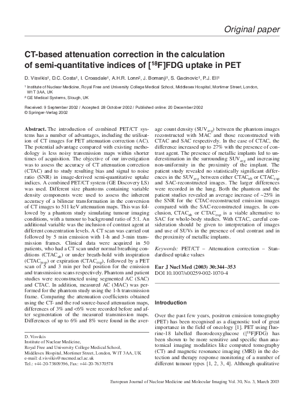 Pdf Ct Based Attenuation Correction In The Calculation Of Semi Quantitative Indices Of 18f