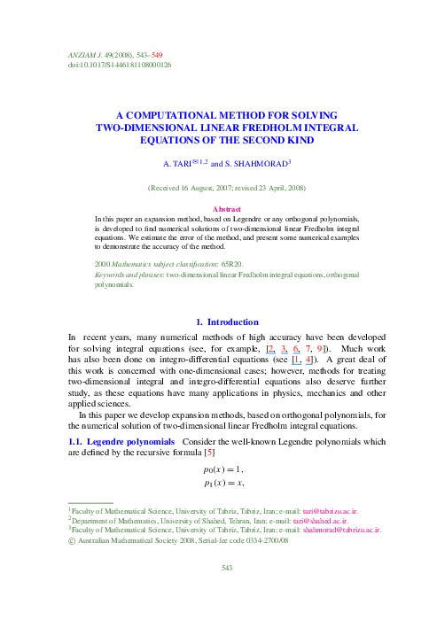 Pdf A Computational Method For Solving Two Dimensional Linear Volterra Integral Equations Of
