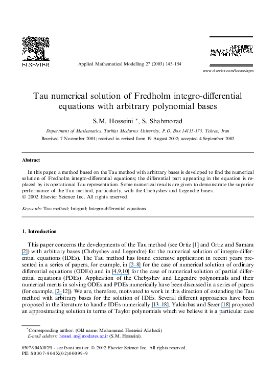 (PDF) Tau numerical solution of Fredholm integro-differential equations with arbitrary ...