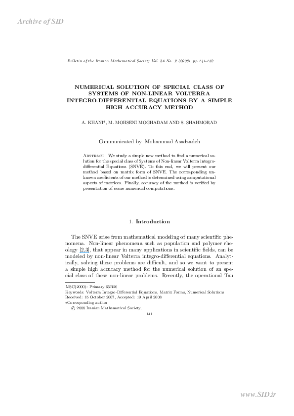 Pdf Numerical Solution Of Special Class Of Systems Of Non Linear Volterra Integro Differential