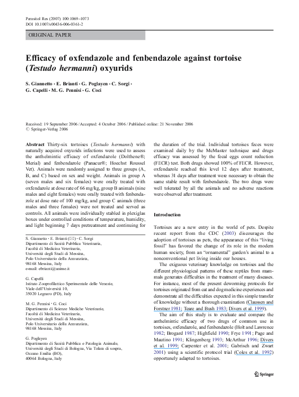 (PDF) Efficacy of oxfendazole and fenbendazole against tortoise ...