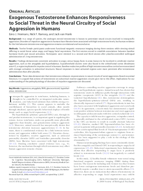 (PDF) Exogenous Testosterone Enhances Responsiveness to Social Threat ...