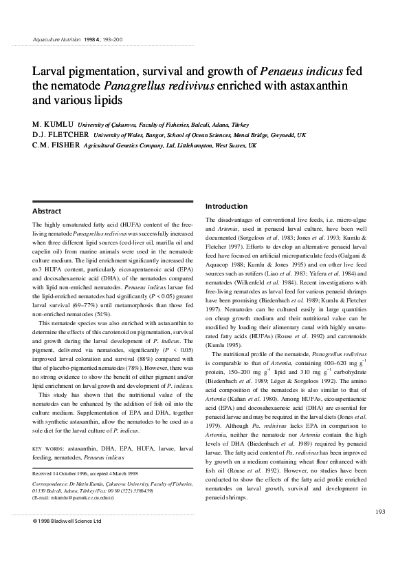 (PDF) Larval pigmentation, survival and growth of Penaeus indicus fed ...