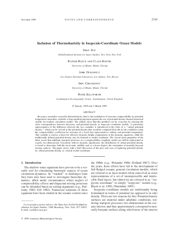 (PDF) Inclusion of Thermobaricity in Isopycnic-Coordinate Ocean Models
