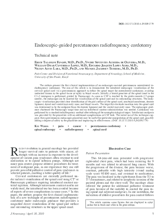 (PDF) Endoscopic-guided percutaneous radiofrequency cordotomy