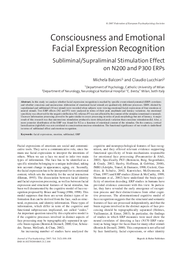 (PDF) Consciousness and Emotional Facial Expression Recognition