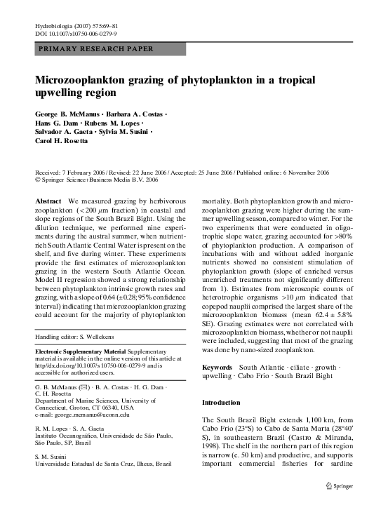 (PDF) Microzooplankton grazing of phytoplankton in a tropical upwelling ...