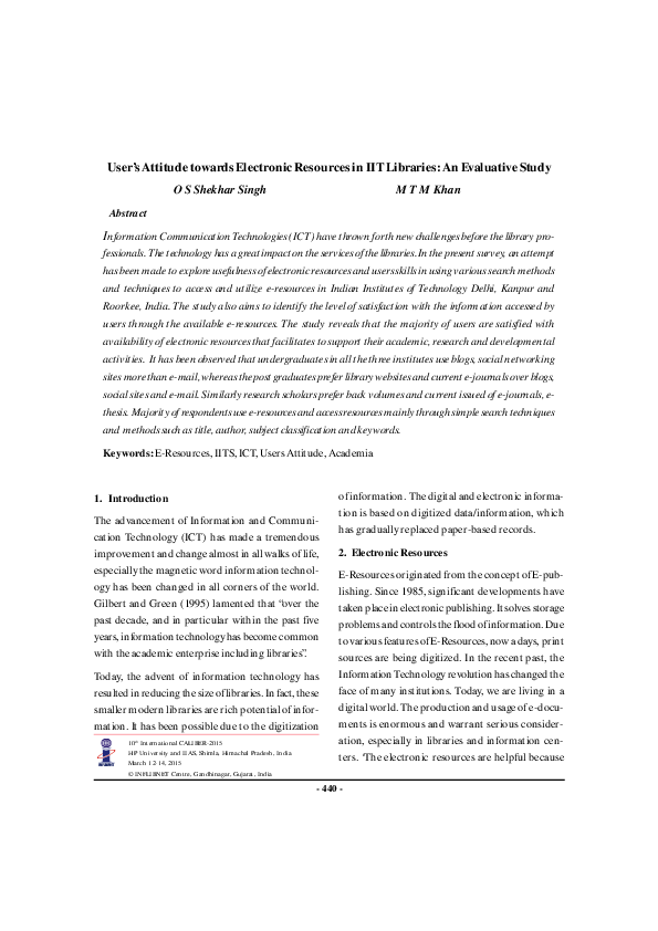 (PDF) User’s Attitude towards Electronic Resources in IIT Libraries: An Evaluative Study