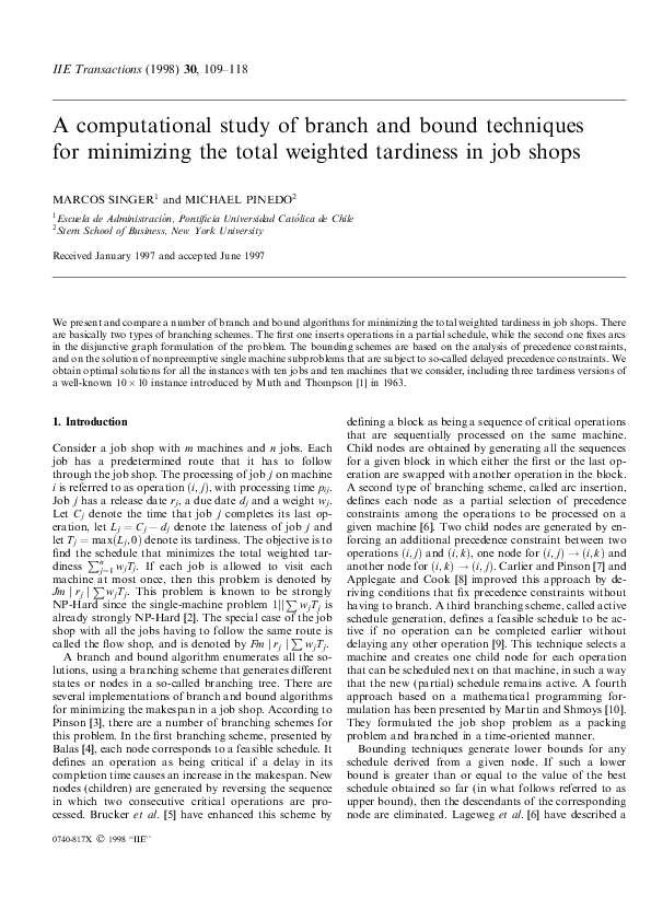 (PDF) A computational study of branch and bound techniques for minimizing the total weighted ...