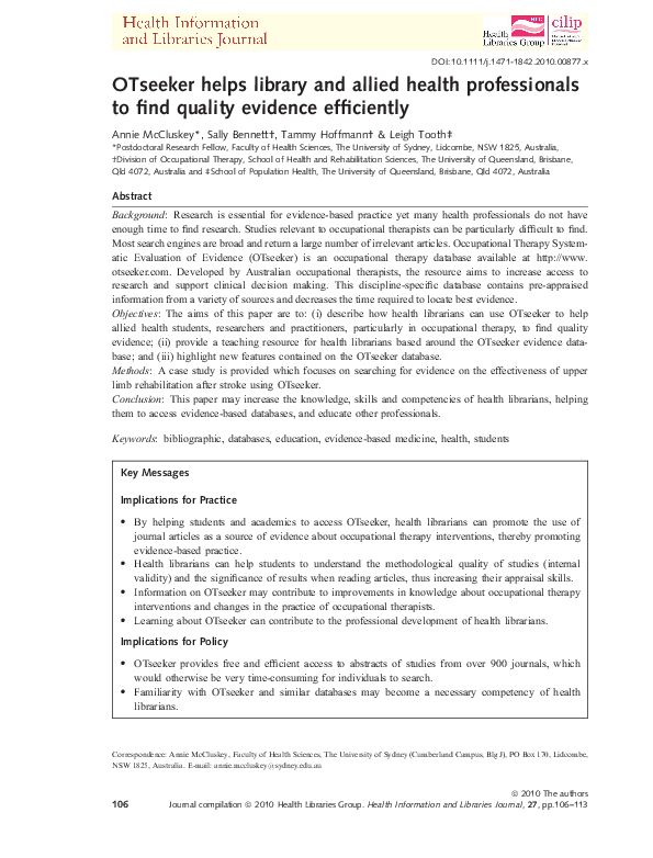 (PDF) OTseeker helps library and allied health professionals to find ...
