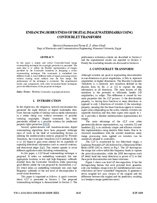 Pdf Enhancing Robustness Of Digital Image Watermarks Using Contourlet Transform