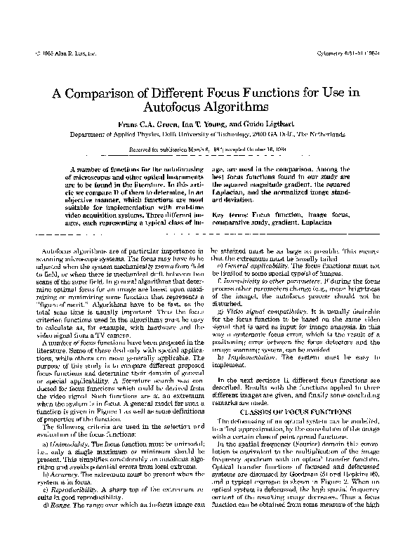 Pdf A Comparison Of Different Focus Functions For Use In Autofocus Algorithms