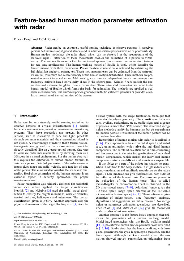 Pdf Feature Based Human Motion Parameter Estimation With Radar
