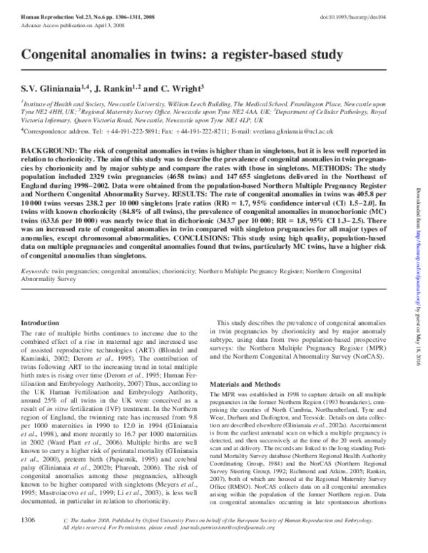 (PDF) Congenital anomalies in twins: a register-based study