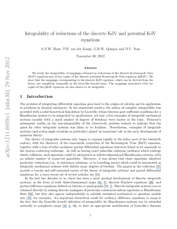 (PDF) Integrability of reductions of the discrete KdV and potential KdV equations
